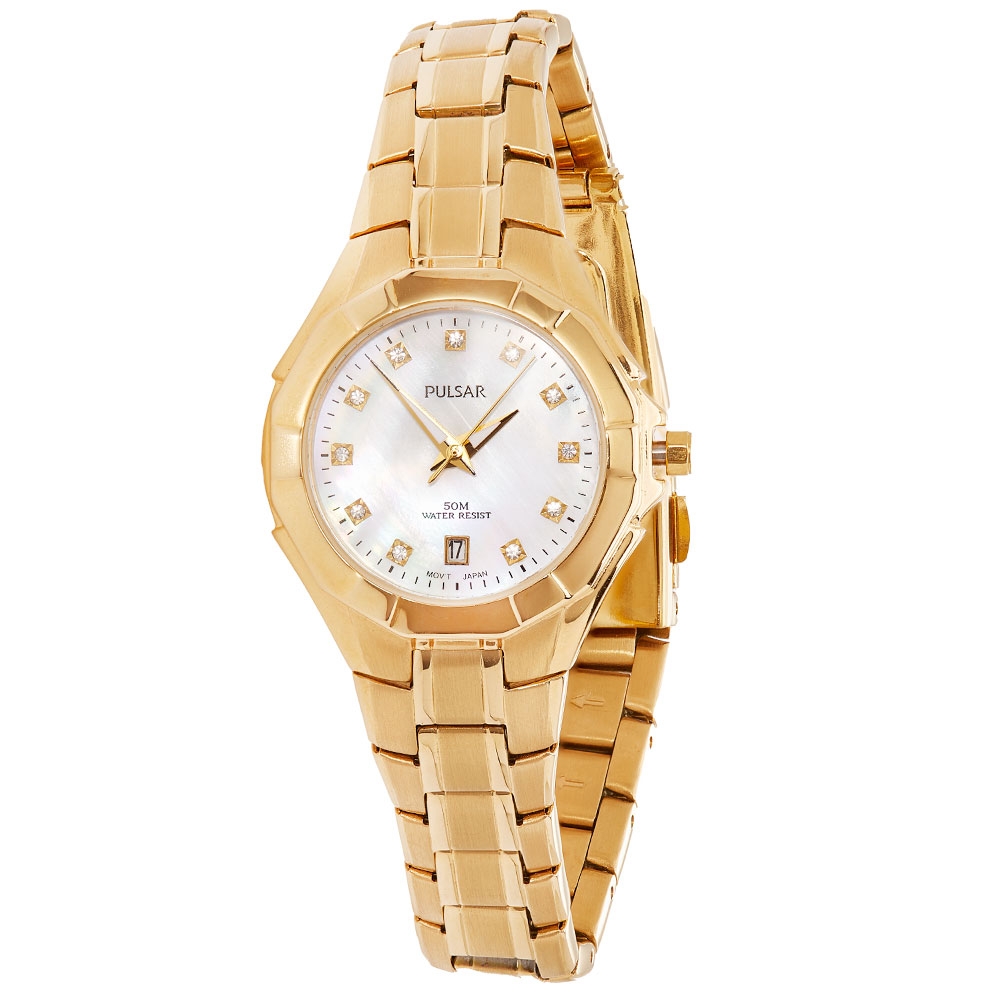 Pulsar Lady's Gold Tone & Mother of Pearl Watch
